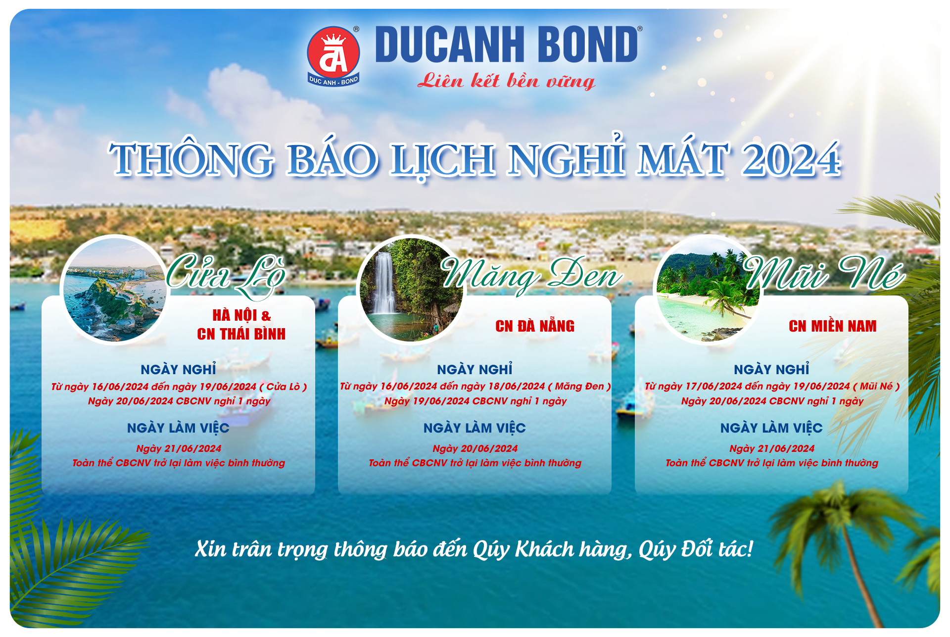 DUCANH BOND thông báo lịch nghỉ mát 2024 của công ty đến toàn thể Quý khách hàng